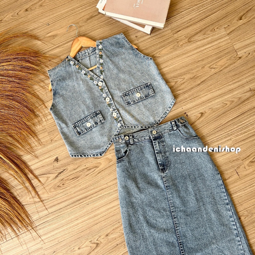 Jual ICH - One Set Dhiva Wanita Setelan Rok + Vest Jeans Bordir Premium ...