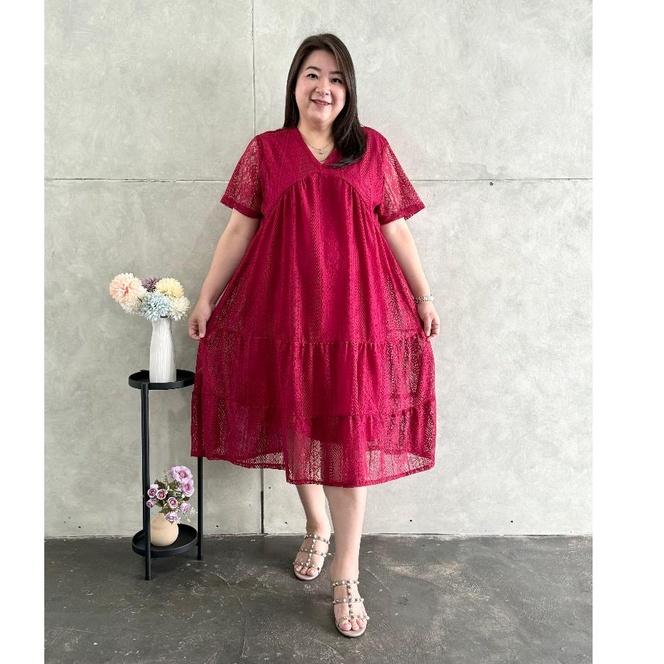 Jual Madame Bigsize Code 709 Dress V-neck Brukat Furing Jumbo Wanita | Shopee Indonesia