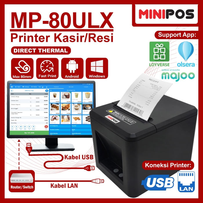 Jual Printer Thermal 80mm MINIPOS MP-80ULX USB Auto Cutter Resi Online ...