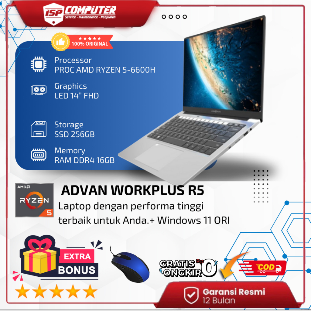 Jual [COD] Advan Workplus R5 6600H/16GB/512GB SSD/14" FHD IPS/W11 | Shopee Indonesia