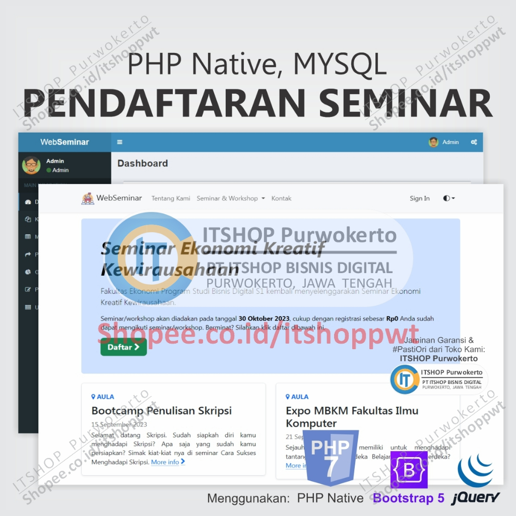 Jual Source Code Aplikasi Web Seminar Workshop menggunakan Native PHP 7 MySQL | Shopee Indonesia