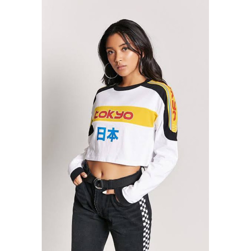 Jual Forever 21 Tokyo Long Sleeve Crop Top Baju Crop (100% Original ...