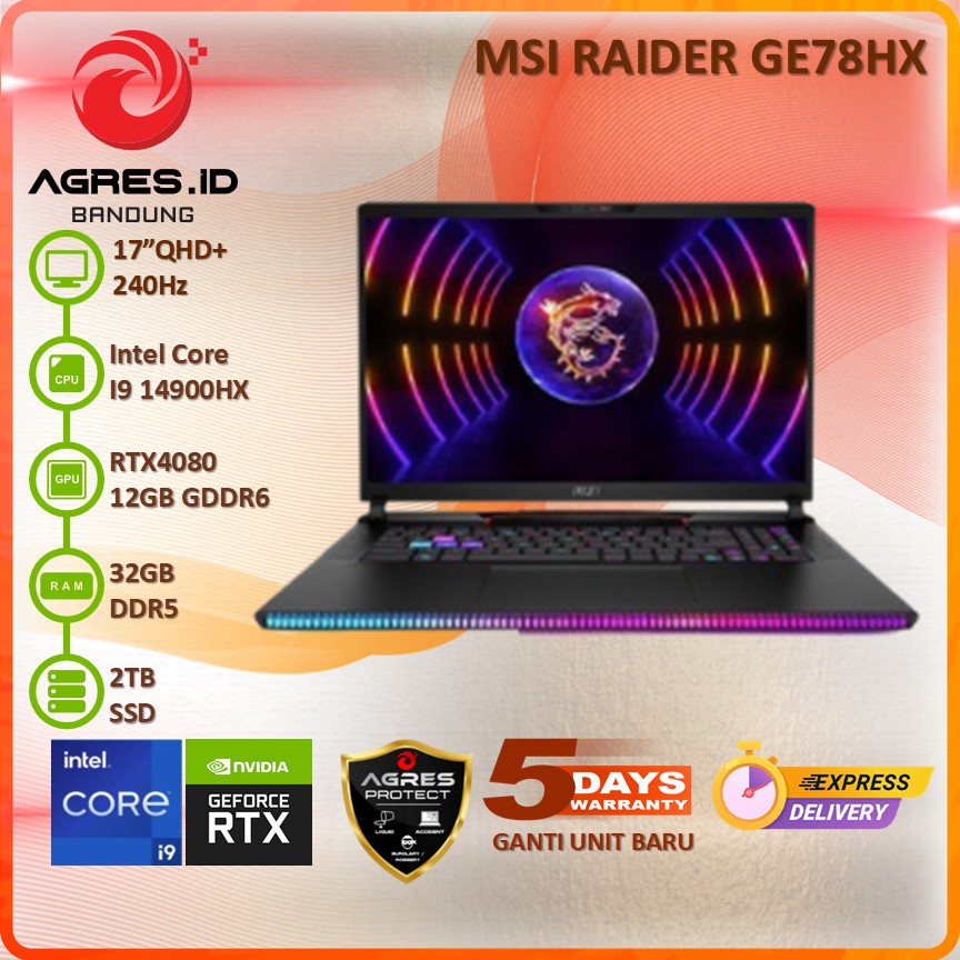 Jual MSI RAIDER GE78HX 14VHG I9 14900HX RTX4080 32GB 2TB 17" QHD+ IPS ...