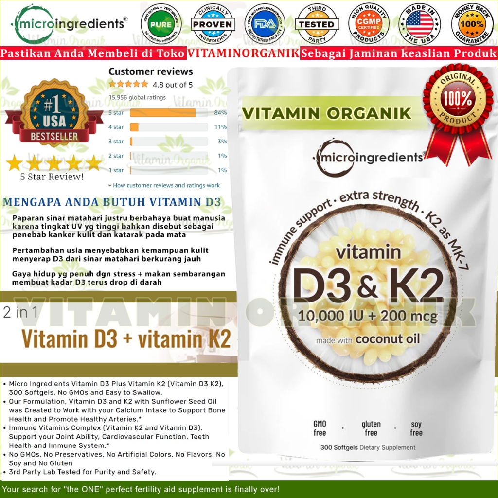 Jual D3K2 Vitamin D3 10000 IU + K2 200 mcg + Coconut Oil Micro ...