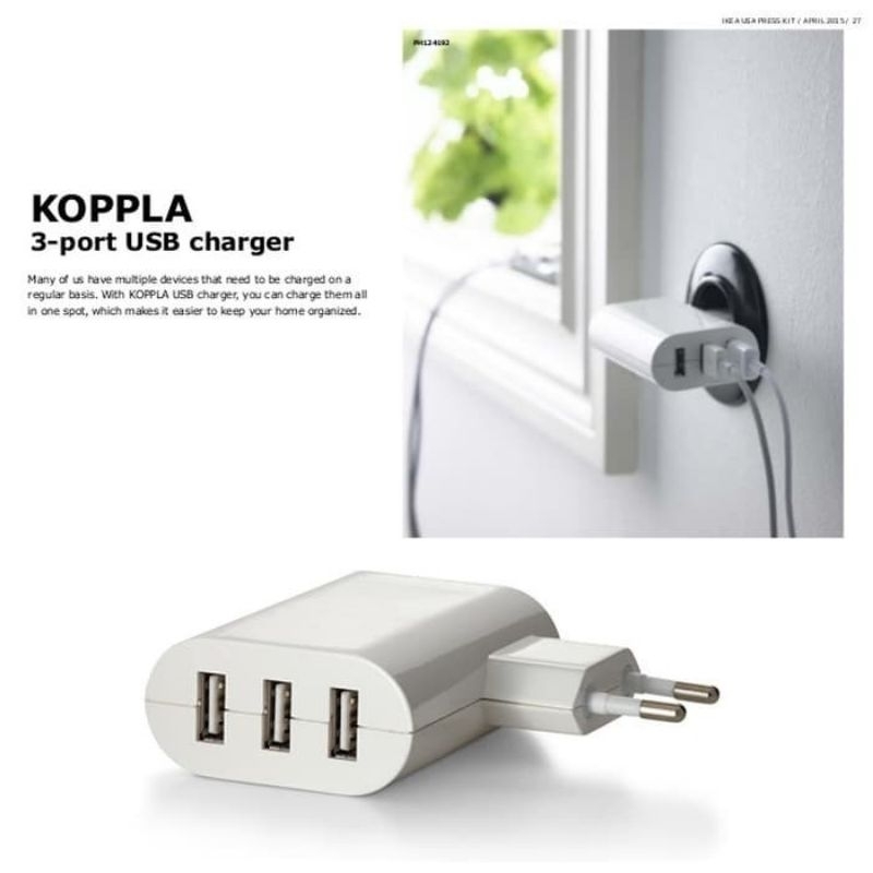 Jual kepala charger adaptor USB 3 port putih ikea koppla colokan murah | Shopee Indonesia