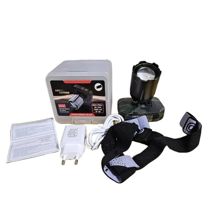 Jual Senter Kepala LED Zoom Laser 80 Watt 1500 Lumen Aoki AK-3651A/AK-3652K Army PRO Cahaya ...