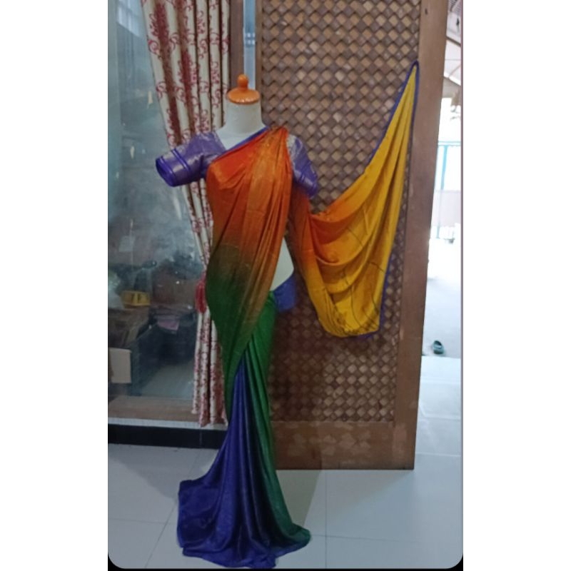 Jual Sari India Gradasi Kuning Oren Lilit Bahan Songket Linen Choli 94 ...