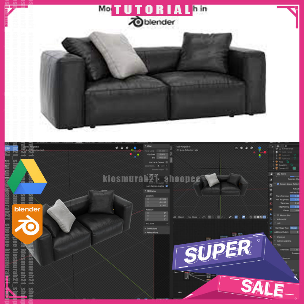 Jual Blender 3D - Modeling a leather couch in Blender + Scene 2.8 Eevee 3D Blender Tutorial ...