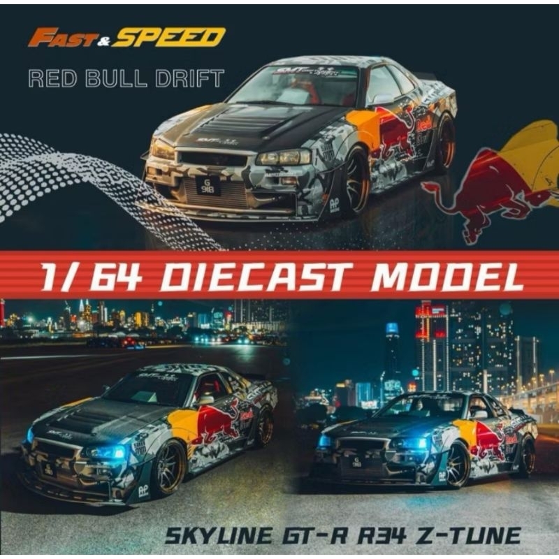 Jual Fast & Speed Red Bull Drift GT-R R34 Z-Tune Skyline Model 64 ...