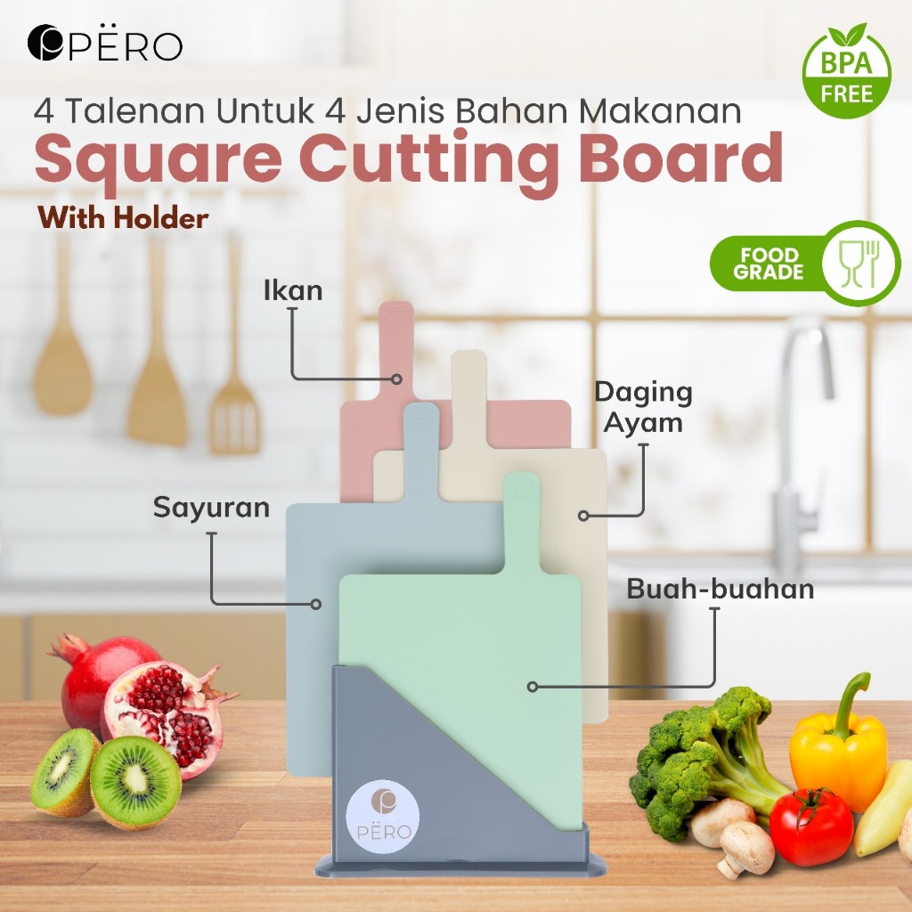 Jual Pero Cutting Chopping Board Set 4 in 1 with Holder / Talenan 4 in ...