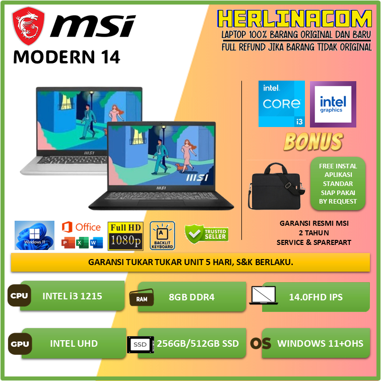 Jual MSI MODERN 14 INTEL CORE i3 1215 8GB 512GB SSD WINDOWS 11 OHS 14 ...