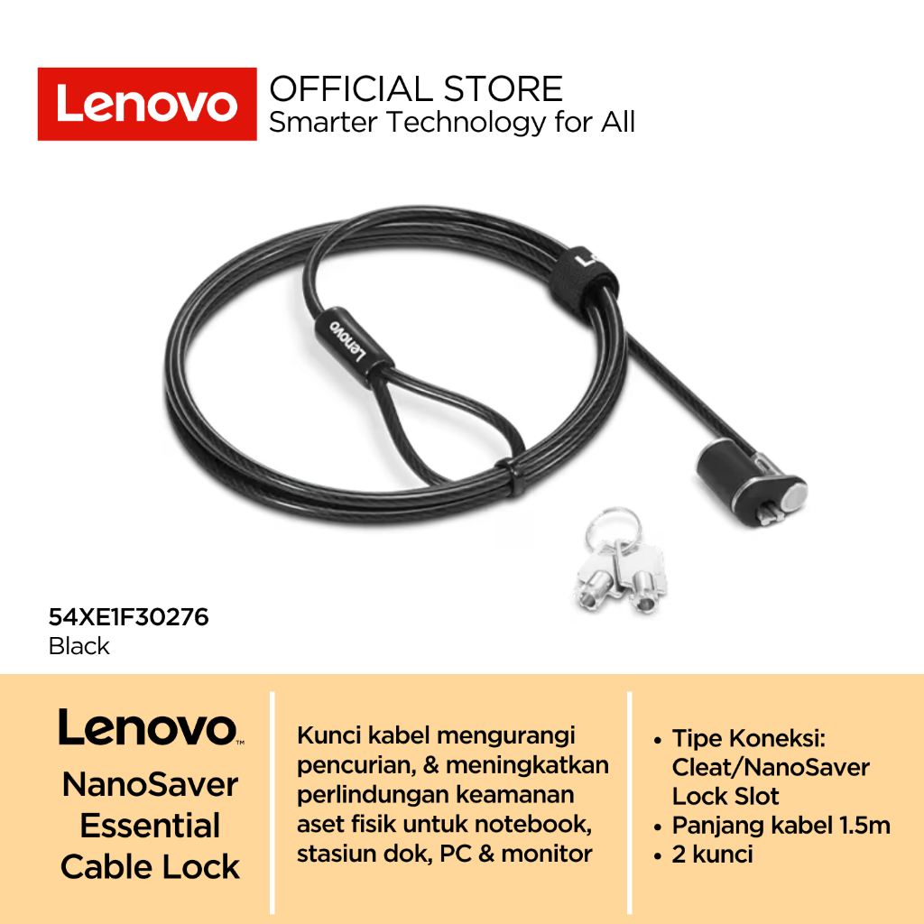 Jual Lenovo Security NanoSaver Essential Cable Lock 4XE1F30276 Black ...