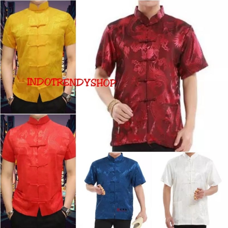 Jual Cheongsam Pria Lengan Pendek Motif Naga Bahan Satin | Shopee Indonesia