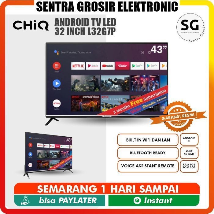 Jual CHIQ Android TV LED 32 Inch L32G7P 32" 32 INCH HD SMART ANDROID 11 HDR FRAMELESS | Shopee ...