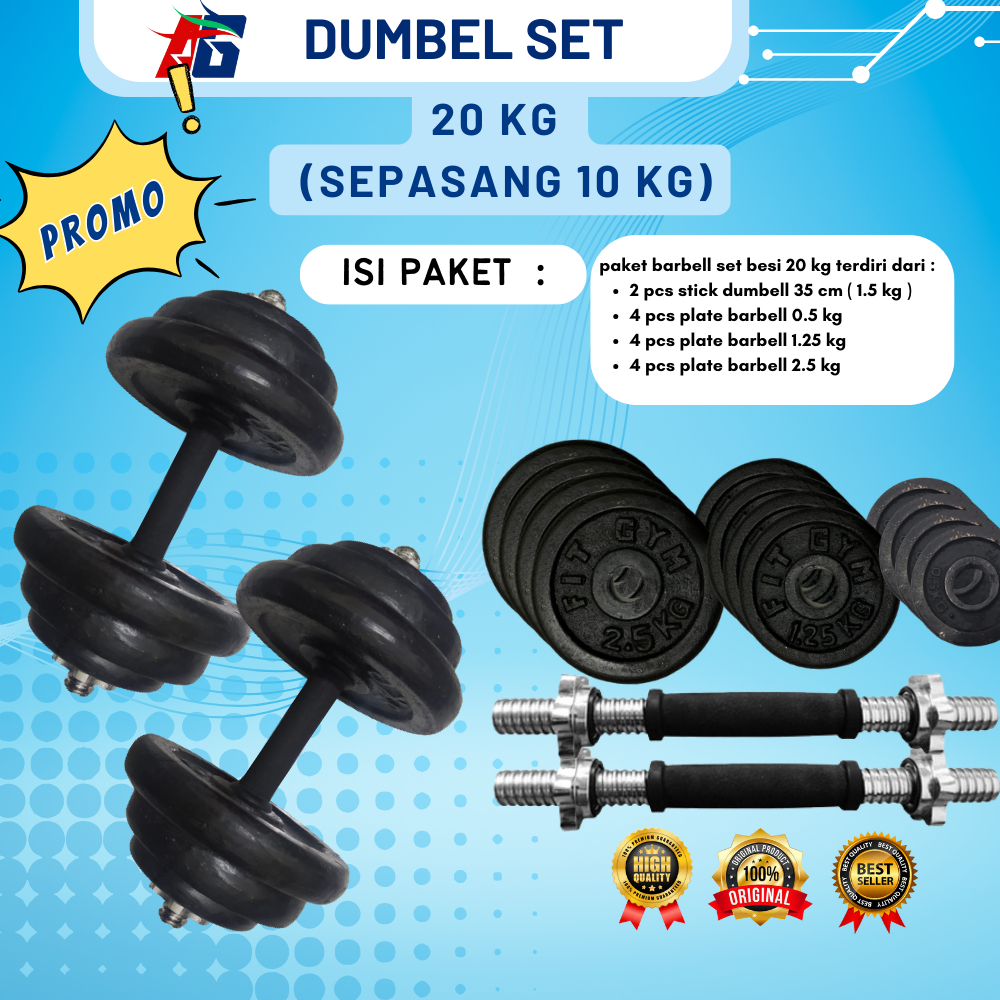 Jual Barbell Set 20 Kg Plat Besi Barbel/Dumble Set | Shopee Indonesia