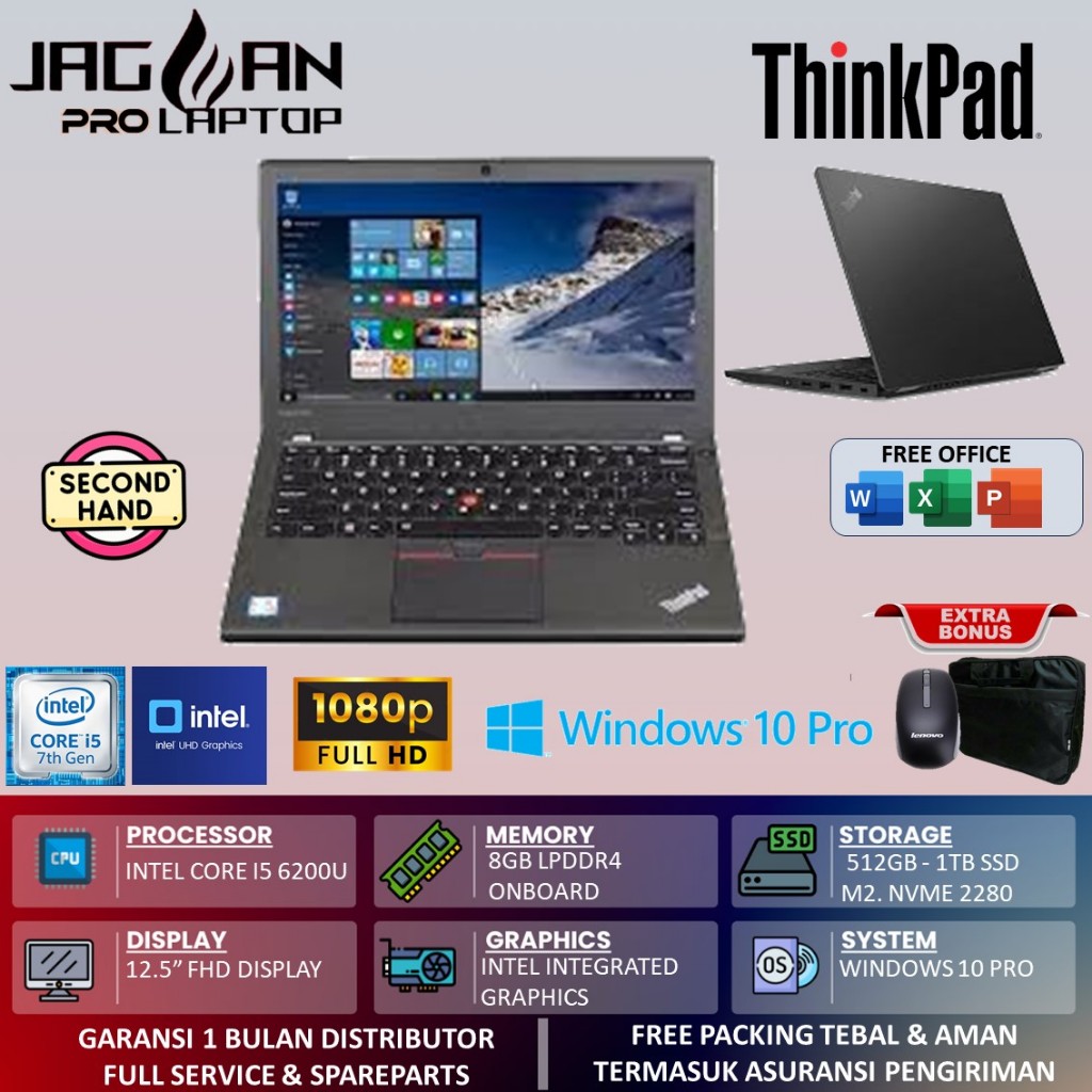 Jual Laptop Second Murah Berkualitas Lenovo Thinkpad X280 Core i5 RAM 8GB 512GB SSD 12.5 HD ...