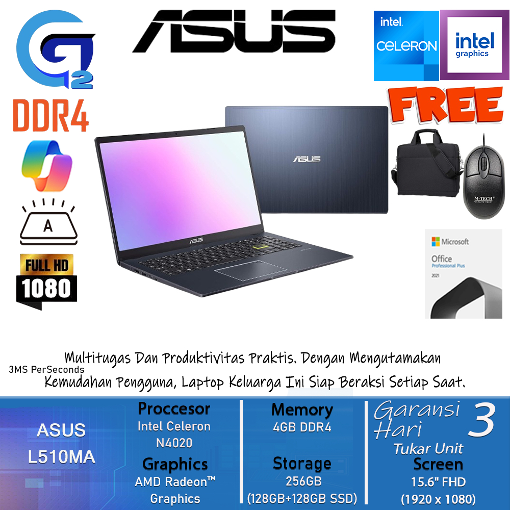 Jual Laptop Asus L510MA Intel Celeron N4020 Ram 4GB 256GB SSD 15.6 FHD ...