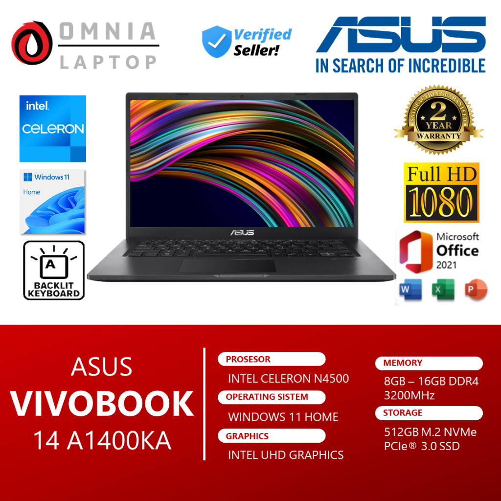 Jual Asus Vivobook 14 A1400KA Intel N4500 RAM 16GB 512GB SSD 14” FHD ...