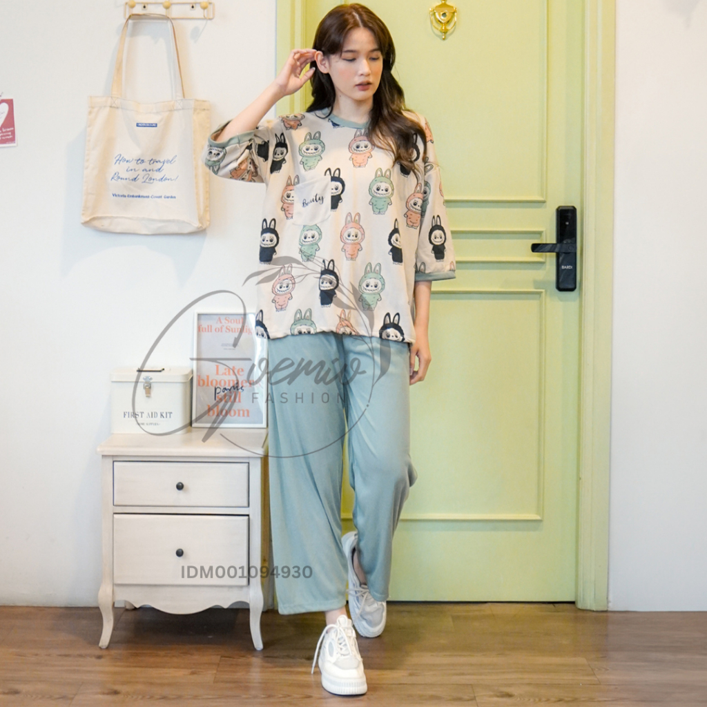 Jual iLook| LD 120 One Set Duo Duo Setelan Katun Mini Atasan Motif Lengan 3/4 Dan Celana Panjang ...