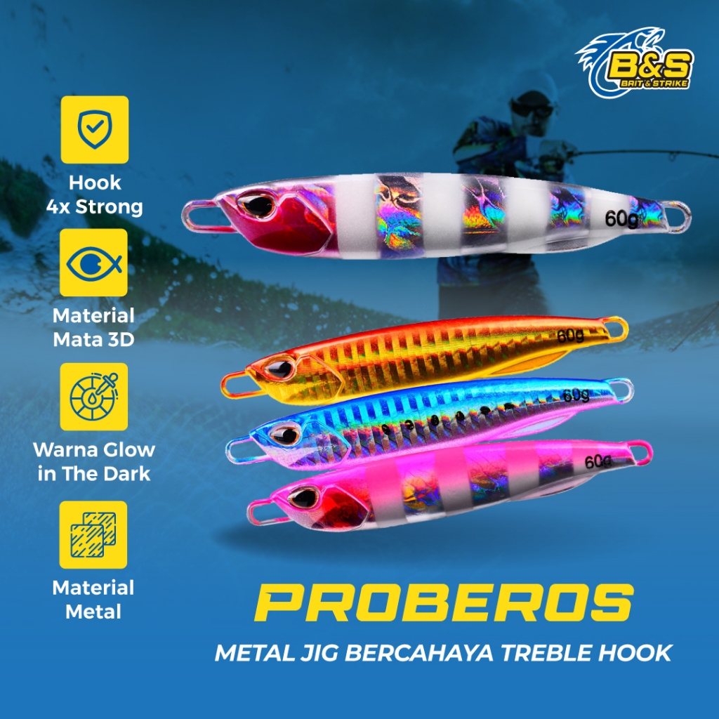 Jual PROBEROS umpan pancing Metal Jig bercahaya (GID) 30g 40g 50g 60g dengan Treble Hook MJ068 ...