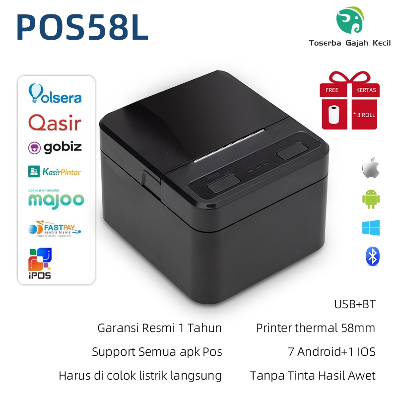 Jual Printer Thermal Toserba Gajah Kecil 58mm POS58L - USB BLUETOOTH Support Android Ios Windows ...