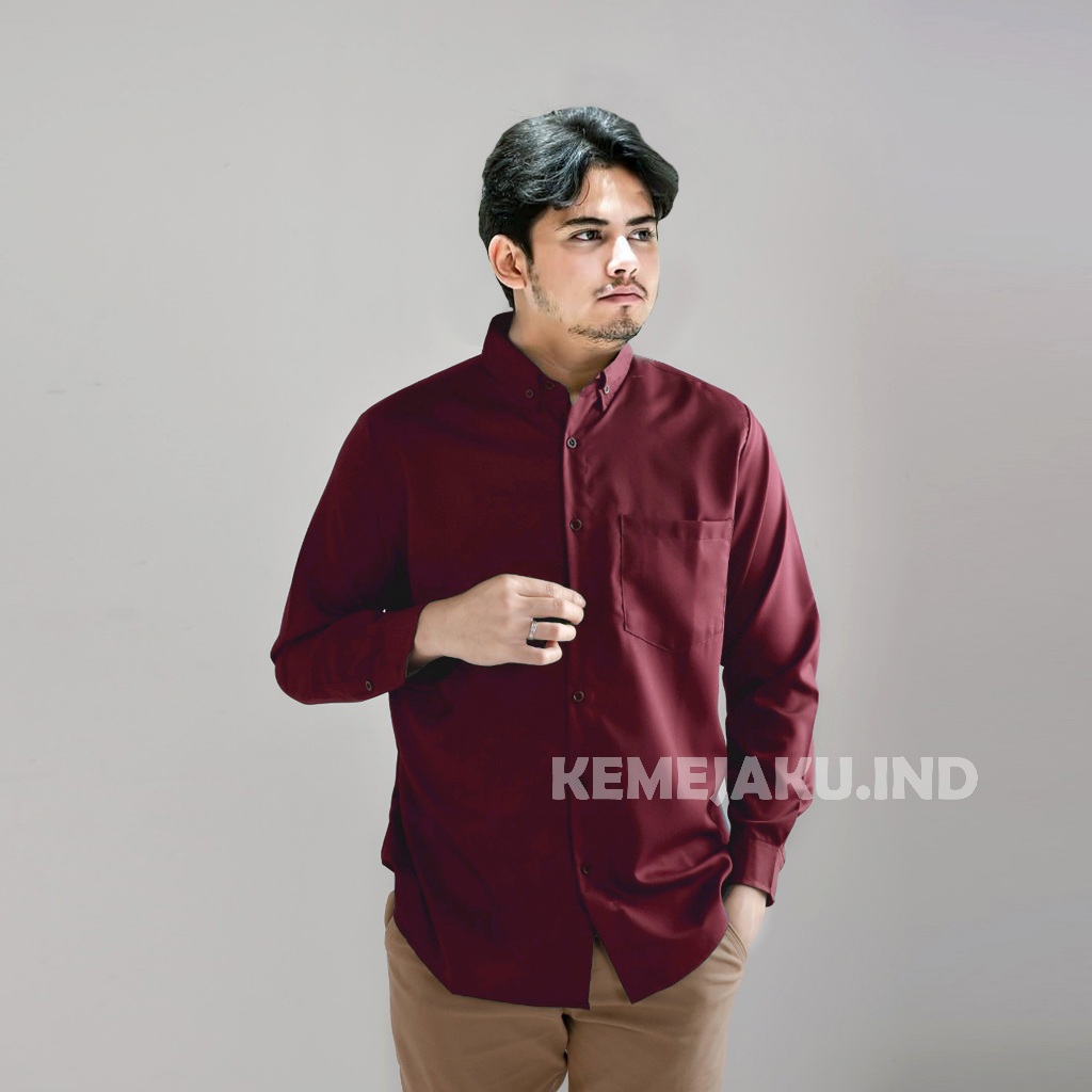 Jual kemeja panjang linen polos panjang slim fit hem kasual warna merah ...