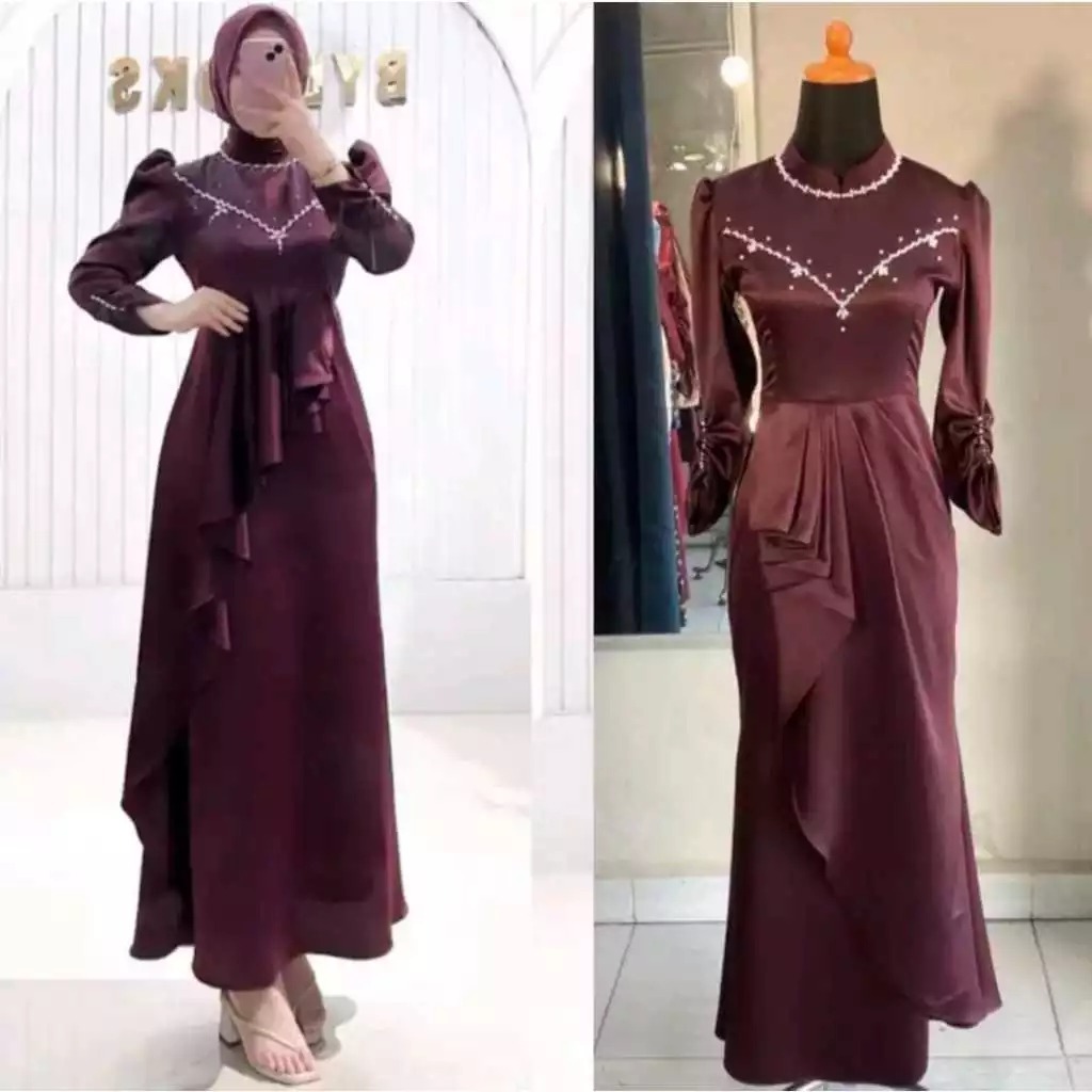 Jual Rashiqa Burgundy Dress Satin Silk Burgundy Satin Kondangan Duyung ...