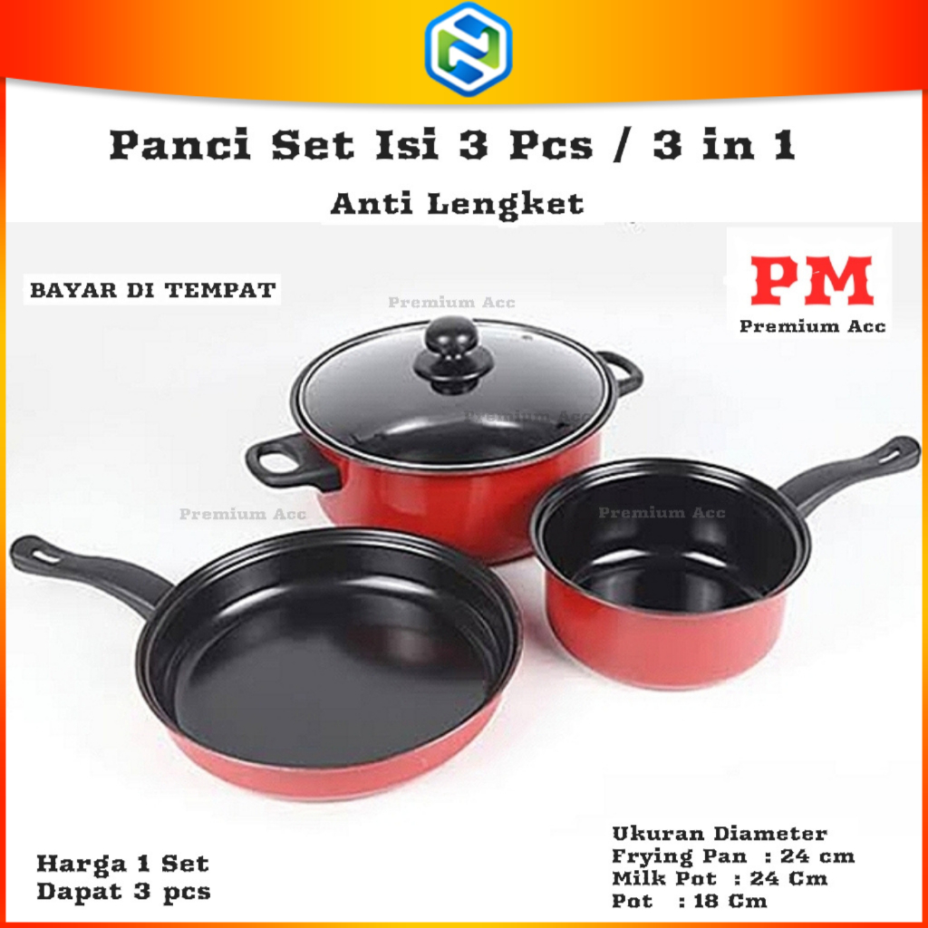Jual 3 PCS Panci Teflon Anti Lengket / Panci Set Anti Lengket 3 IN 1 - Teflon Set Milkpan 2 in 1 ...