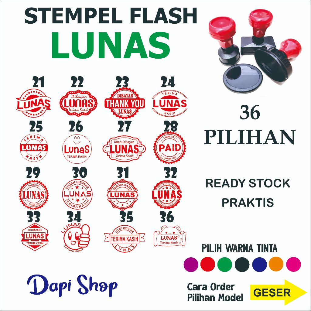 Jual STEMPEL FLASH LUNAS READY STOK STEMPEL OTOMATIS WARNA PAID LUNAS ...