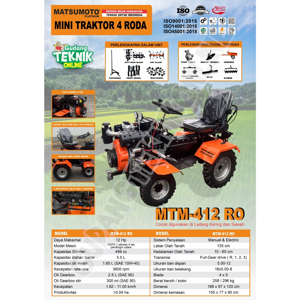 Jual Mesin Traktor Mini 4 Roda MATSUMOTO MTM 412 RO / Mesin Traktor Bajak Sawah Kebun Kering ...