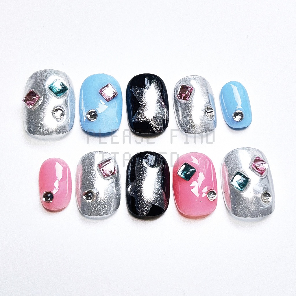 Jual PFA - Y2K Silver Blue Pink Aespa Core Nail (Y015) | Press On Nails ...