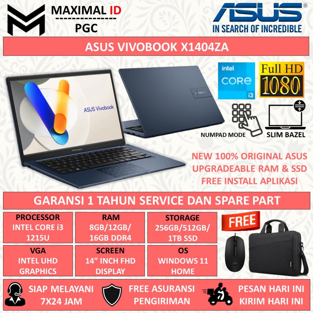 Jual Laptop Asus Vivobook Go 14 X1404ZA Intel Core i3 1215U Ram 16GB 512GB SSD Full HD Numpad ...