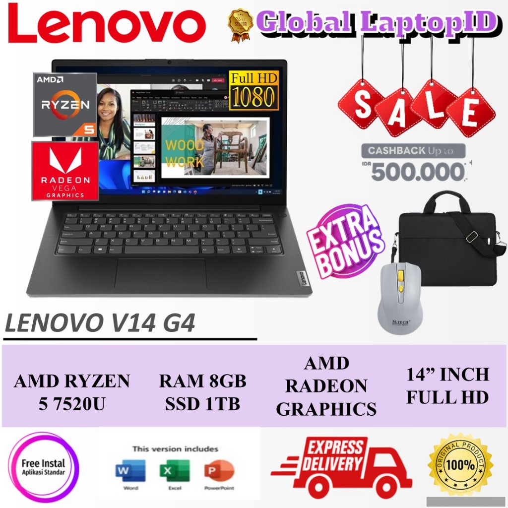 Jual Laptop Murah Lenovo V14 G4 AMD RYZEN 5 7520U RAM 8GB DDR5 1TB FHD Windows 11 PRO Original ...