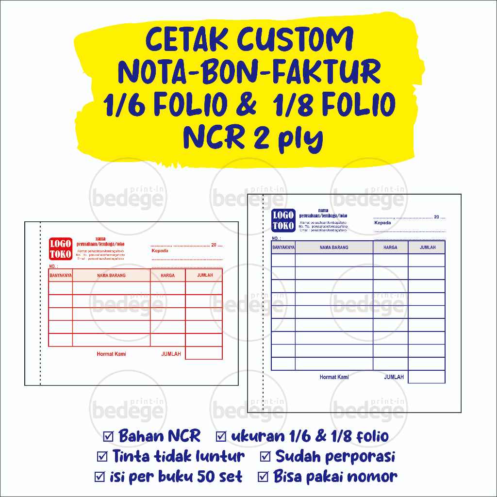 Jual CETAK CUSTOM NOTA/BON/FAKTUR CUSTOM 2PLY, NAMA TOKO,PERUSAHAAN ...