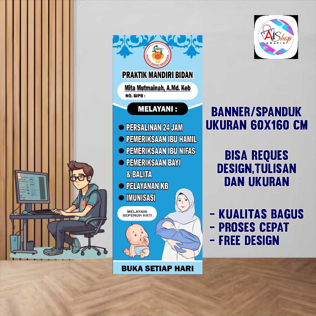 Jual spanduk banner praktek bidan mandiri uk, 60X160cm | Shopee Indonesia