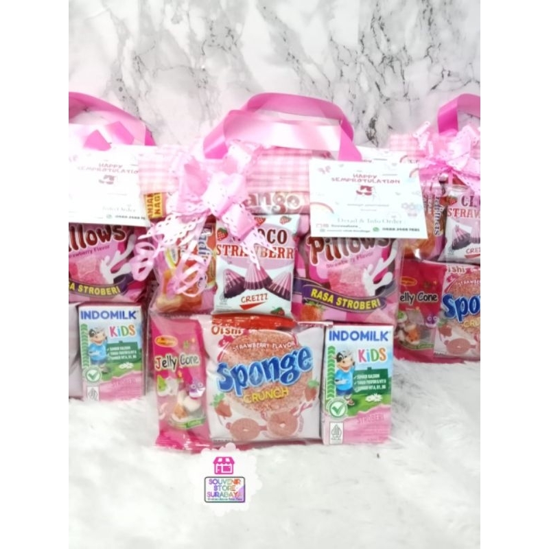 Jual Paket snack ulang tahun tema Pink kode IND || parcel snack pink ...