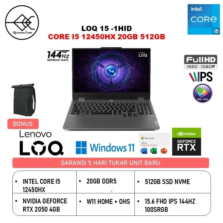 Jual Lenovo Loq 15 I5 12450HX Rtx2050 4GB/ Ram 12GB/20GB 512GB Windows11+Ohs 15.6Fhd 144Hz ...