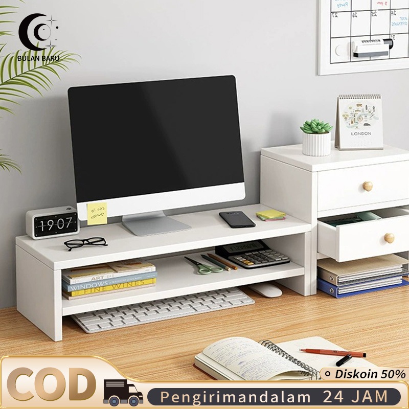 Jual COD Rak Buku Kayu Rak Meja Komputer White Wood Stand Monitor Kayu ...
