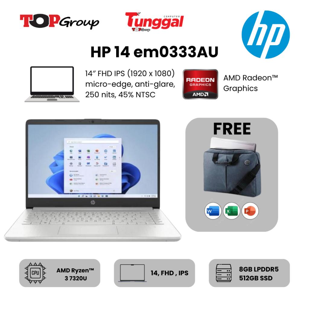 Jual HP 14 em0333AU Ryzen 3 7320U 8GB 512GB SSD 14 FHD Win 11 Home+OHS ...