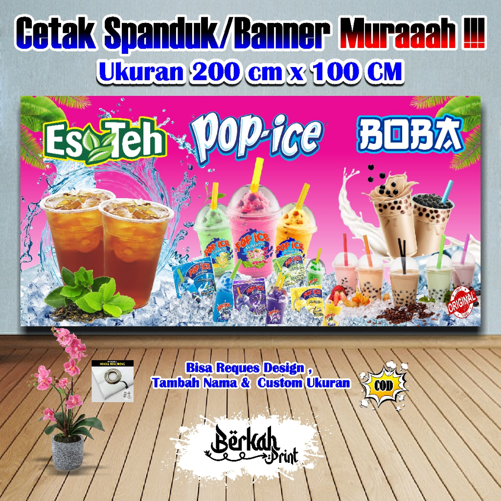 Jual Spanduk Banner Es Teh & Pop Ice Boba Ukuran 2 meter x 1 meter ...