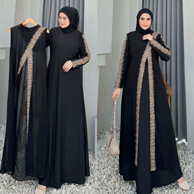 Jual GAMIS ABAYA TURKEY ROMPI LEPAS OUTER BORDIR ZIVANNA FULL HITAM | Shopee Indonesia