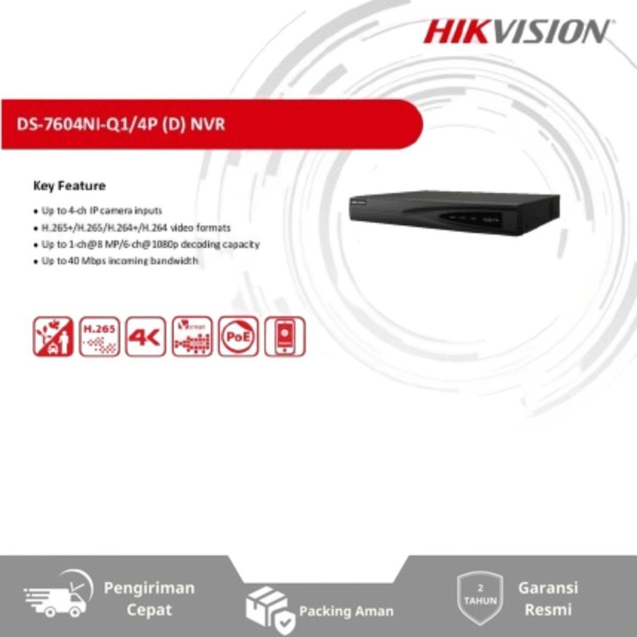 Jual HIKVISION DS-7604NI-Q1-4P 4K NVR 4-Channel IP Camera Inputs Plug & Play 1U PoE | Shopee ...