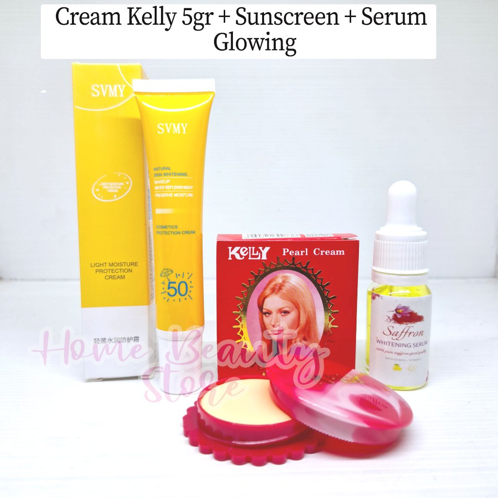Jual Paket Hemat Sunscreen + Cream Kelly 5gr + Serum Glowing Safron ...