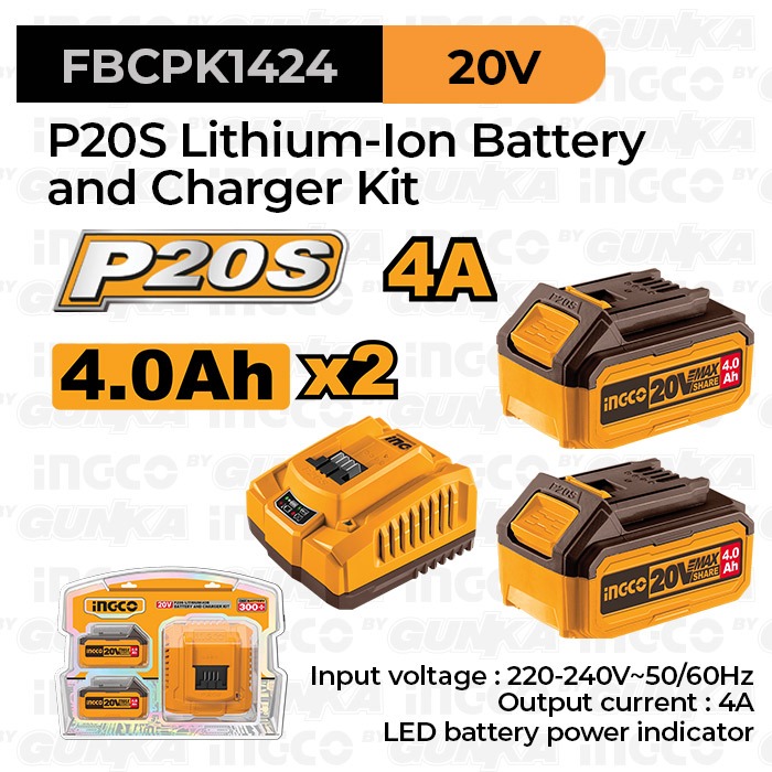 Jual P20S Bundling 2 Baterai 20V FBCPK1424 (4.0 Ah) + 1 Charger (4A ...