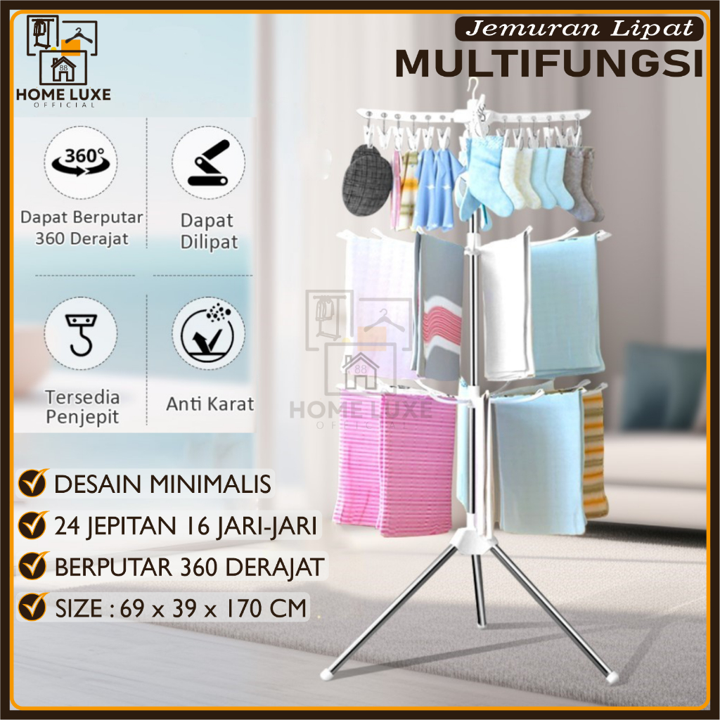Jual HOMELUXE Jemuran Baju 3 Tingkat 24 Jepitan Baju 16 Jari-jari Jemuran Menara Gantungan Baju ...