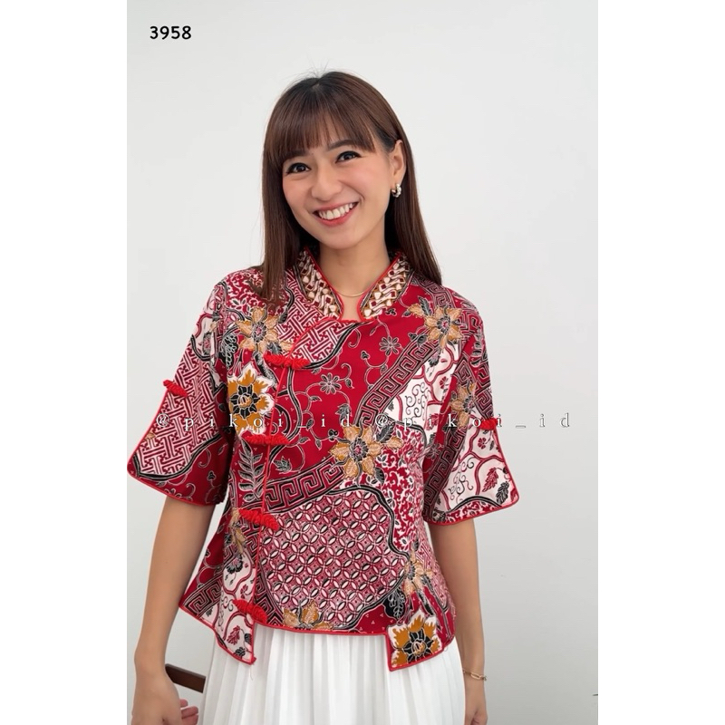 Jual Atasan Cheongsam Batik Merah CNY / Baju Congsam Qipao Sincia Katun ...