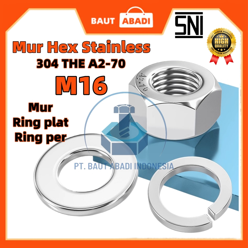 Jual Mur Hex Stainless Steel M16 SS 304 THE A2-70 / Ring plat SUS 304 Ring per / Nut Flat Spring ...