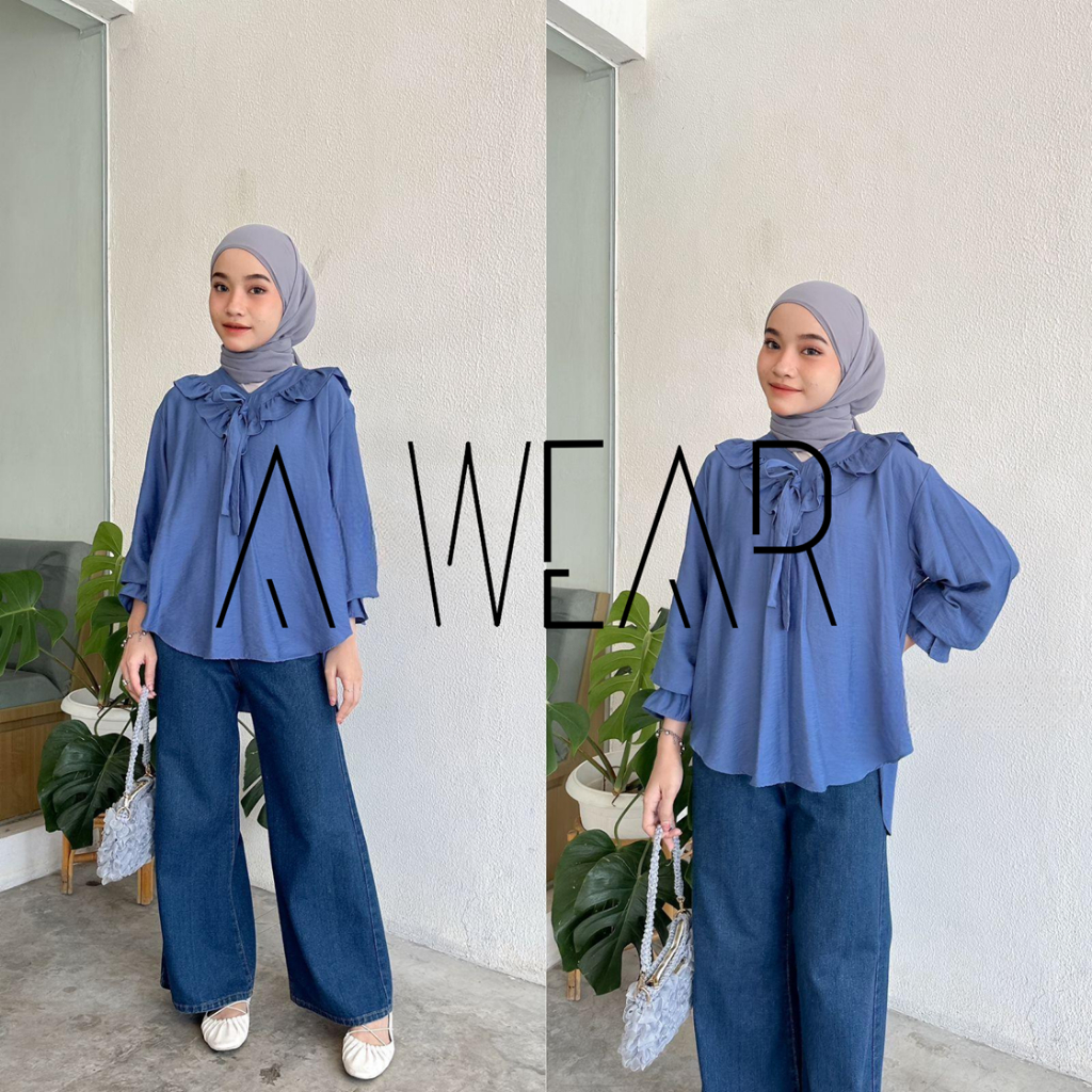 Jual A Wear - Tresa Blouse Bahan Polo Linen Atasan Wanita Kerah Ruffle ...