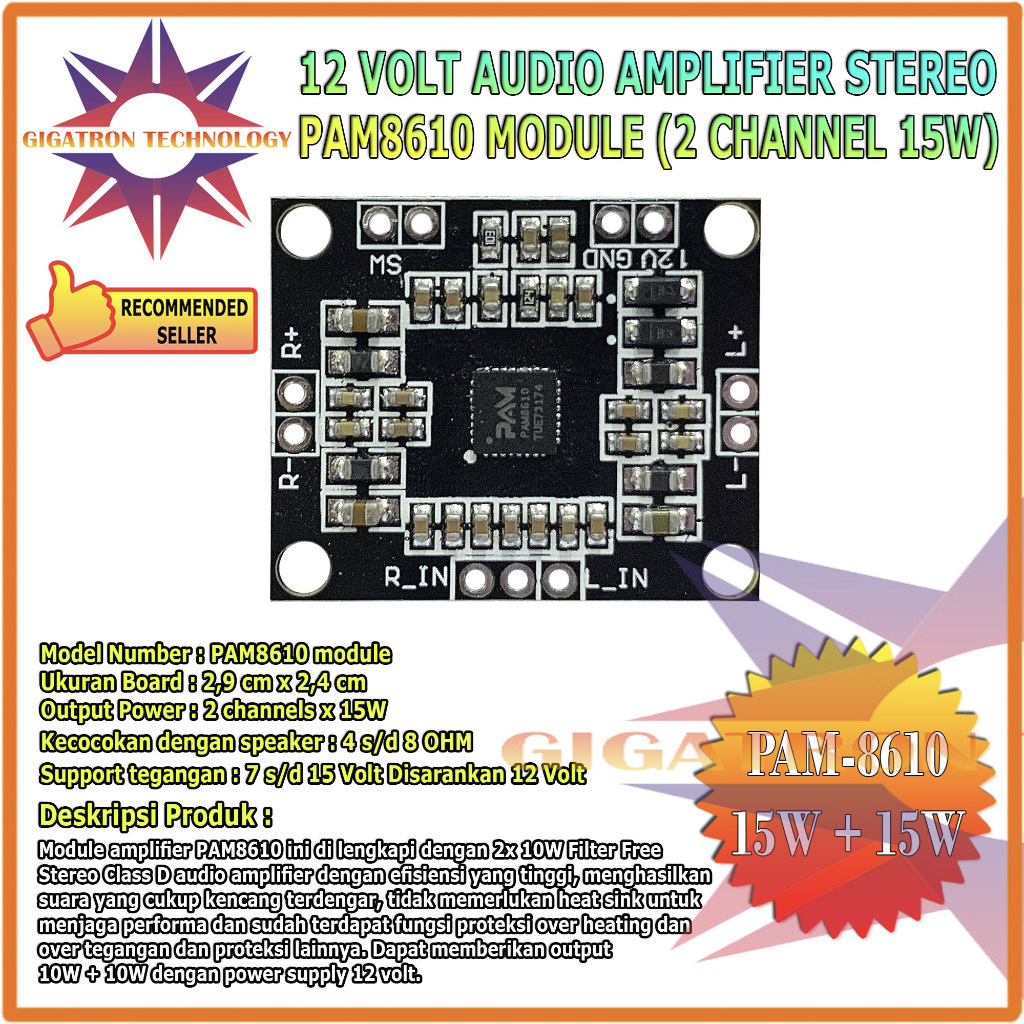 Jual PAM8610 12V Power Amplifier Class D Mini Stereo 2 Channel 2x15W ...