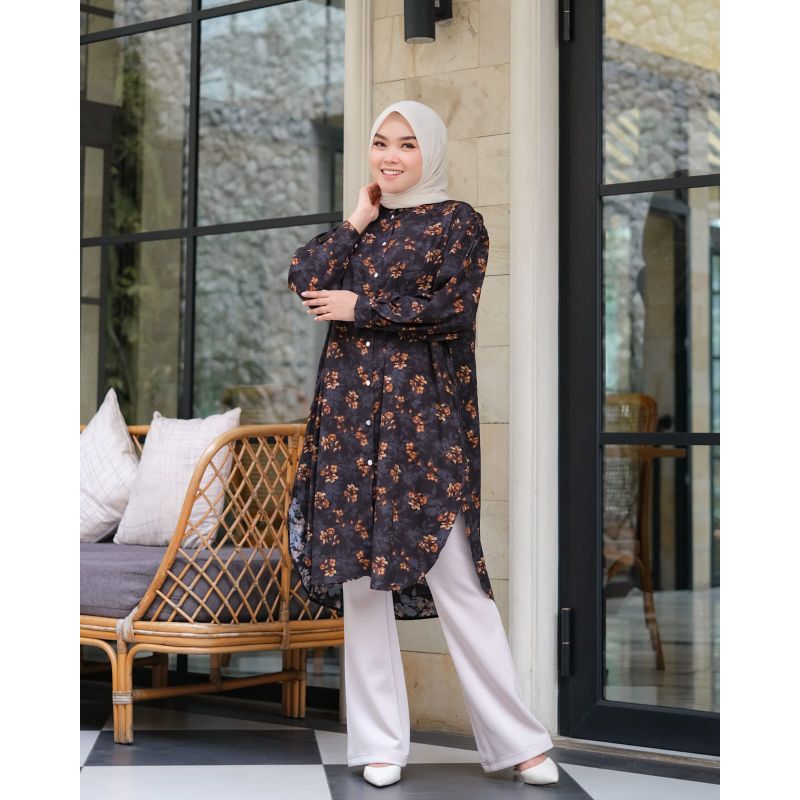 Jual Long tunik katun rayon silky motif bunga busui [ROSALINE TUNIK ...